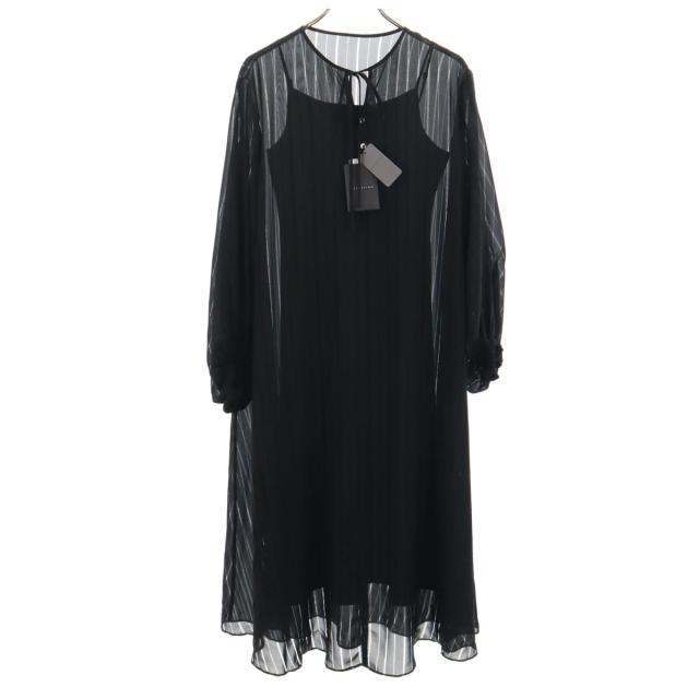 未使用 ESTNATION エストネーション 日本製 ストライプ柄 長袖 ロングワンピース 38 ブラック インナーキャミソール付き レディース