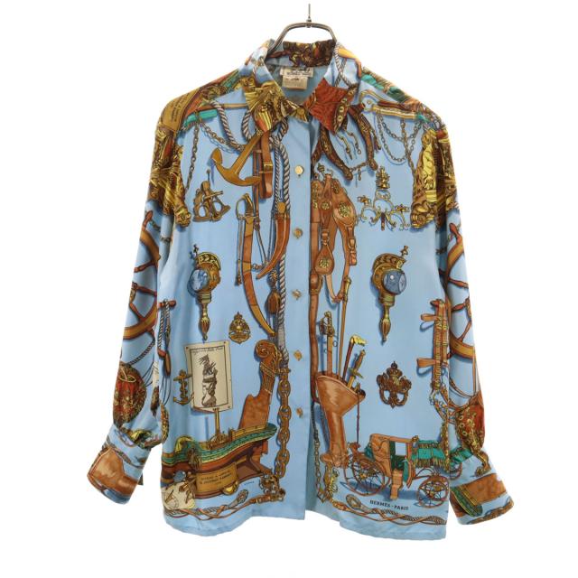 HERMES エルメス フランス製 シルク 総柄 長袖 シャツ 40 水色 レディース