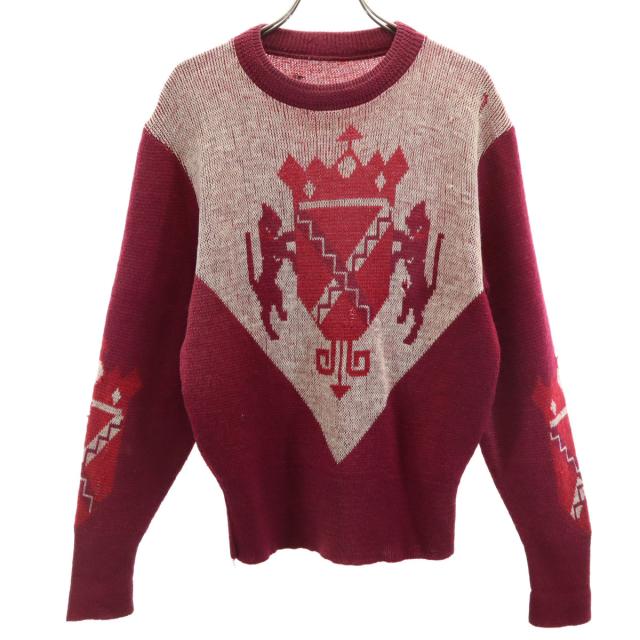 30s ヴィンテージ エンブレム柄 長袖 セーター ボルドー ニット メンズ