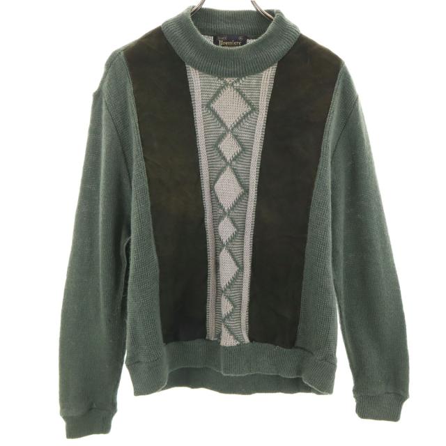 Sears シアーズ 70s ヴィンテージ 長袖 スエードレザー切替 セーター M カーキ ニット メンズ