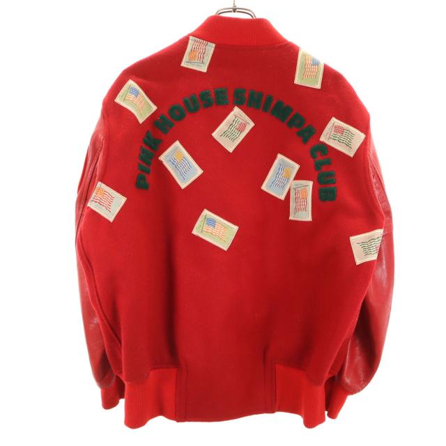 PINK HOUSE ピンクハウス ワッペン 牛革レザー切替 スタジャン レッド ジャケット レディース