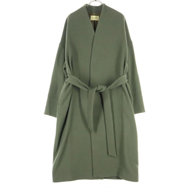 美品 Curensology カレンソロジー 長袖 ベルト付き ノーカラー ガウンコート F カーキ レディース