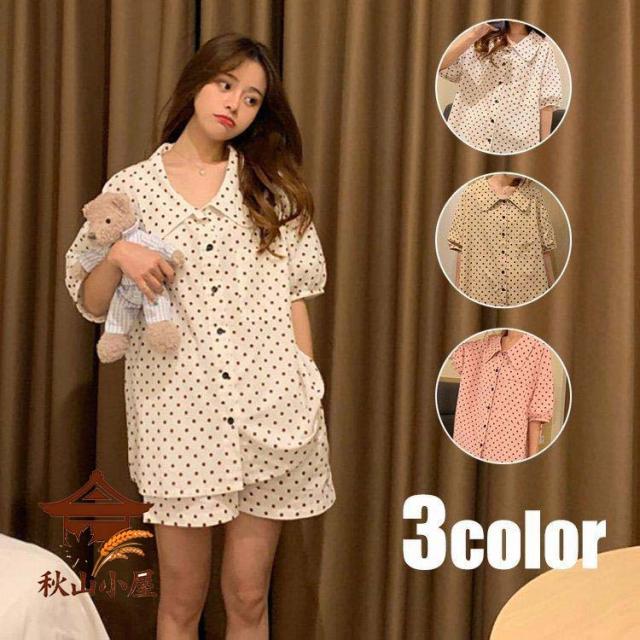 パジャマ ルームウェア レディース 春 夏 半袖 パジャマ ドット柄 綿 パジャマ セットアップ 部屋着 寝巻き ランジェリー オシャレ ゆったり 2
