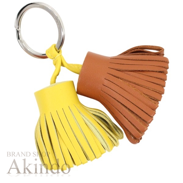 【新品・未使用】エルメス キーホルダー バッグ チャーム カルメン ウノドス ラムスキンゴールドxライム ブラウンxイエロー タッセル フリンジ キーリング シルバー金具 HERMES 人気 プレゼント ギフト