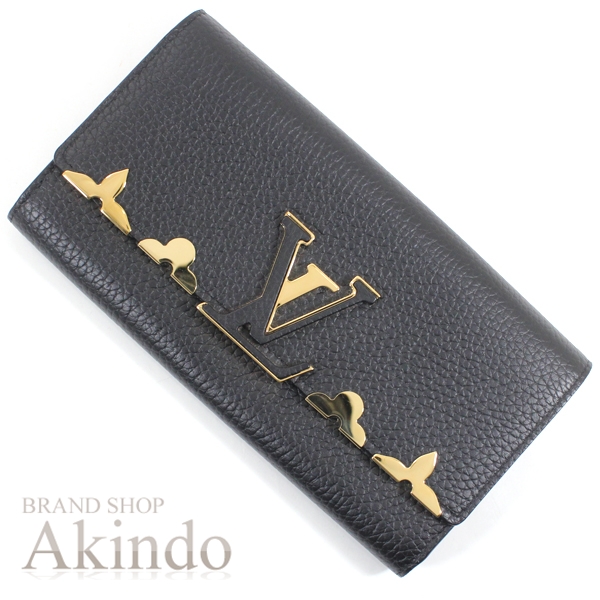 【新品同様】ルイヴィトン 長財布 二つ折り長財布 ポルトフォイユ・カプシーヌ フラワー レザー 黒 ブラック M61249 レディース ロングウォレット プレゼント ブランド財布  おしゃれ LOUIS VUITTON スナップボタン フラップ式 ギフト ビトン トリヨン