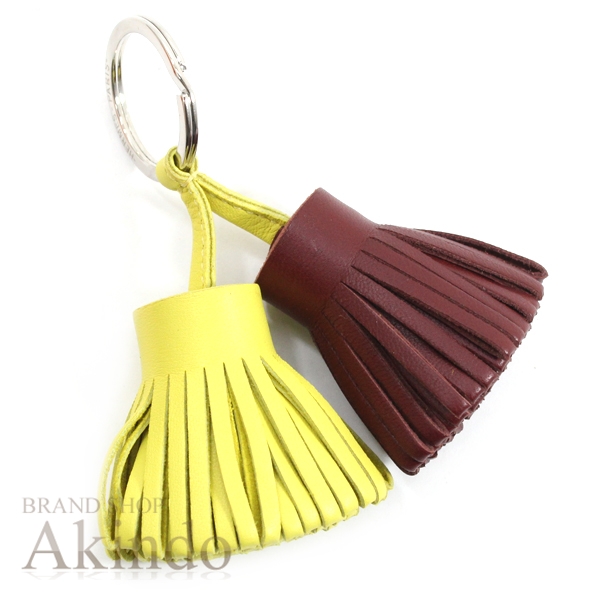 【新品】エルメス キーホルダー バッグ チャーム カルメン ウノドス ラムスキン ライム×ルージュアッシュ (黄/赤茶) タッセル キーリング シルバー金具 HERMES 人気 プレゼント ギフト