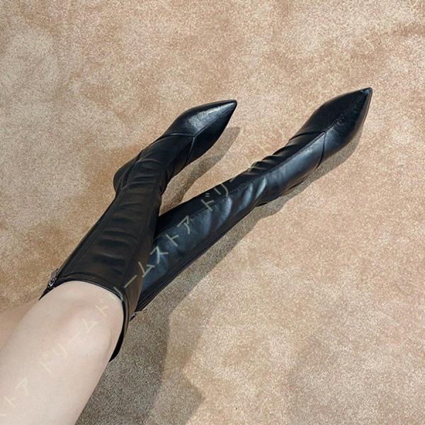 革 ロングブーツ レディース 黒 ピンヒール 痛くない 脚長効果