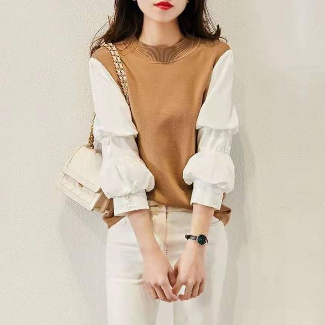 韓国風レイヤードレディース長袖カットソー 秋冬春 シンプル重ね着風トップス カジュアル 大人かわいい ブラウン ブラック