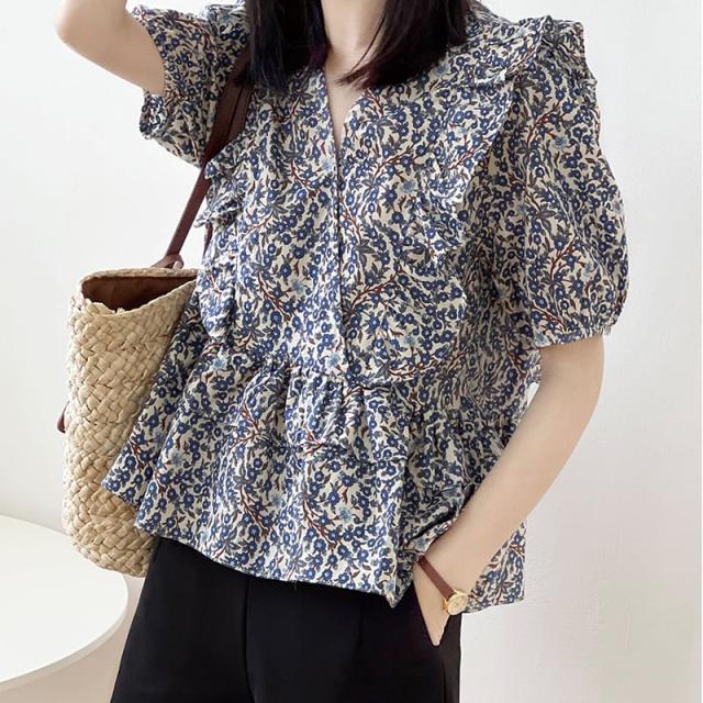 レディース シフォン 半袖 小花柄フリルブラウス シャツ 韓国風 オフィス 通勤 通学 春夏秋冬 体型カバー 大人可愛い上品トップス