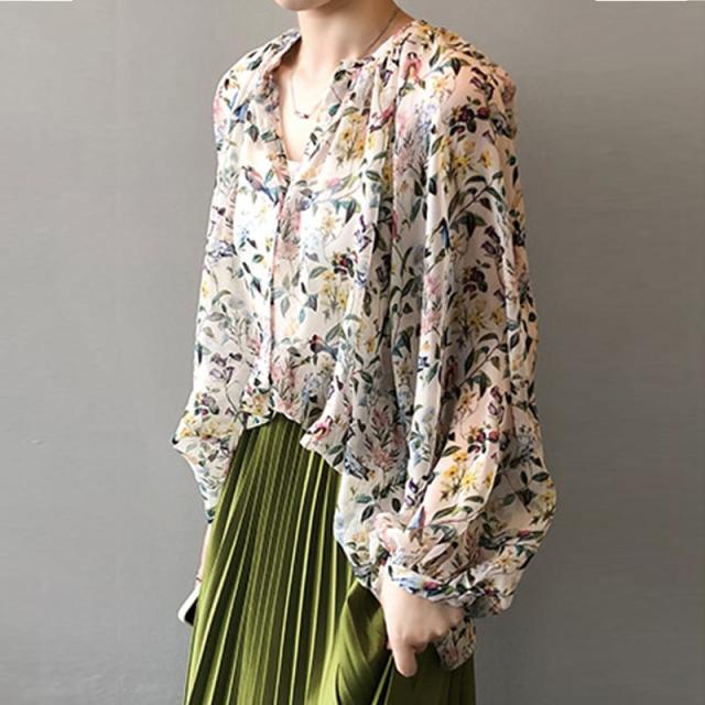 レディース 長袖 シャツブラウス ボタニカル柄 花柄 ボリューム袖 韓国風 通勤 オフィス 春秋冬 大人可愛い きれいめ トップス