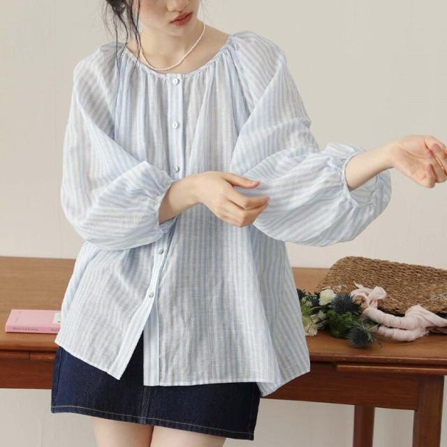 レディースシャツブラウス 春新作 韓国風 七分袖 無地ストライプ ブルー 大人可愛い きれいめ オフィス通勤 ビジネス フォーマル 春秋冬