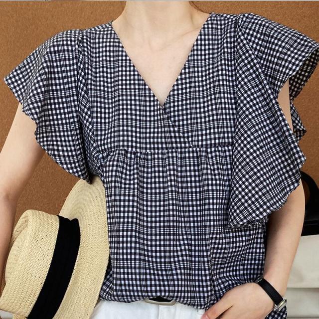 春新作レディースブラウス 体型カバー ゆったりシルエット フレンチスリーブ 無地 ギンガムチェック 韓国ファッション オフィス30代40代