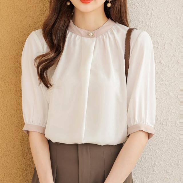 レディース シャツブラウス 春秋 無地 半袖 大人可愛い 韓国風 きれいめ フォーマル オフィス 通勤向け トップス ブラウン ブラック