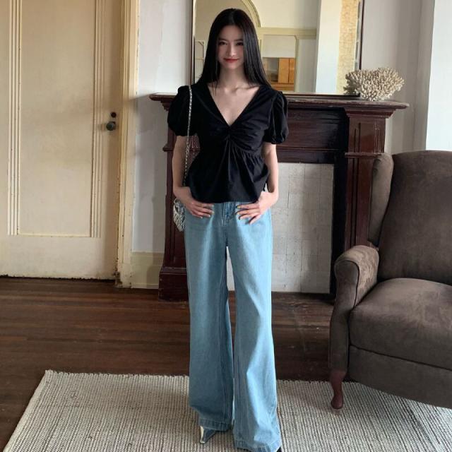 レディース春秋コーデ韓国風無地シンプルパフスリーブブラウス 半袖 オフィスカジュアル 大人可愛いトップス ピンク ホワイト ブラック