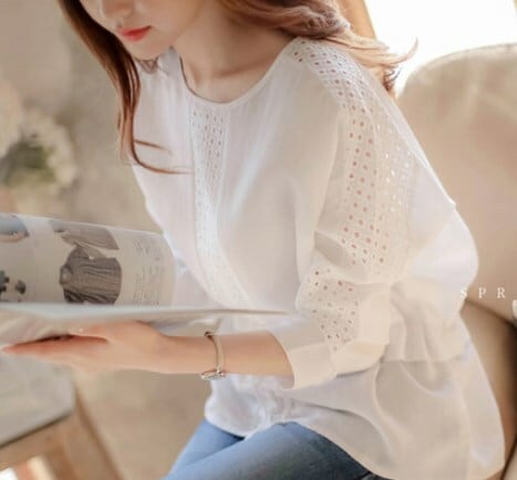 レディースブラウス 秋新作 人気のシフォンレース長袖 シンプルで上品な無地 白 大きいサイズ対応 春夏秋 通勤オフィス お出かけデート