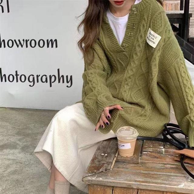 レディースVネックニットセーター 無地 ルーズミドル丈 春新作 春秋冬 フリーサイズ 韓国ファッション 体型カバー 20代〜40代