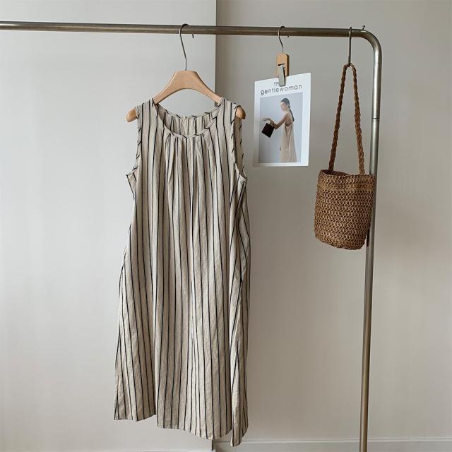 レディース 春夏 フレアストライプノースリーブ膝下ワンピースドレス 大人シンプルオフィスきれいめ 春秋 韓国風 20代30代40代