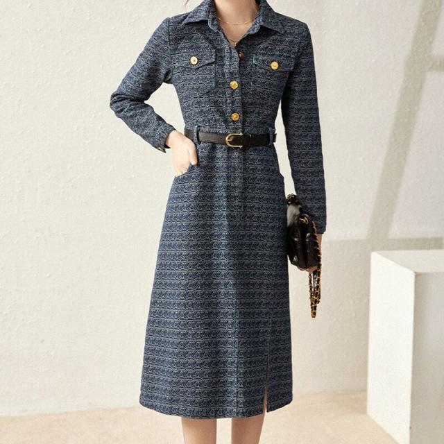 春秋冬用 膝下丈ネイビーワンピース 長袖 Aライン フレア 入園・入学・卒園・卒業式 20代30代40代向け きれいめドレス 韓国風