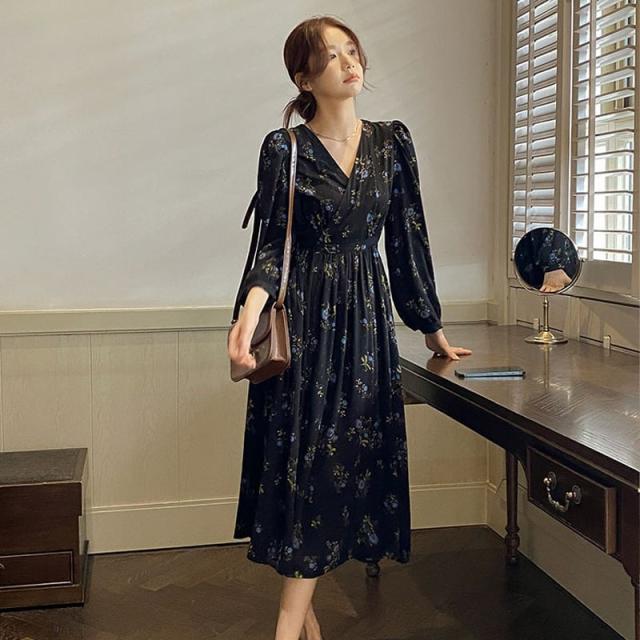 ワンピース 春 秋 仏 ロング マタニティ 花柄 ロングワンピース レディース ロング丈 長袖 韓国ワンピース ドレス ブラック 20代 30代 40