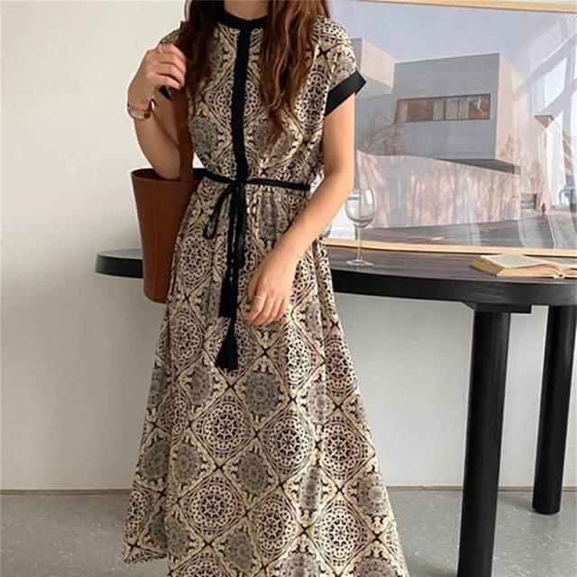 春新作 ワンピース 春 夏 ロング マタニティ 幾何学模様 ロングワンピース レディース ロング丈 フレンチスリーブ 半袖 韓国ワンピース ドレス 春