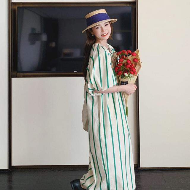 ワンピース 夏 秋 ロング マタニティ ストライプ ロングワンピース レディース シャツワンピース ロング丈 半袖 韓国ワンピース 春秋 体型カバー