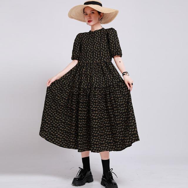 ワンピース 春 夏 ロング マタニティ 花柄 レトロワンピース ロングワンピース レディース ロング丈 五分袖 韓国ワンピース 春秋 ブラック Aライ