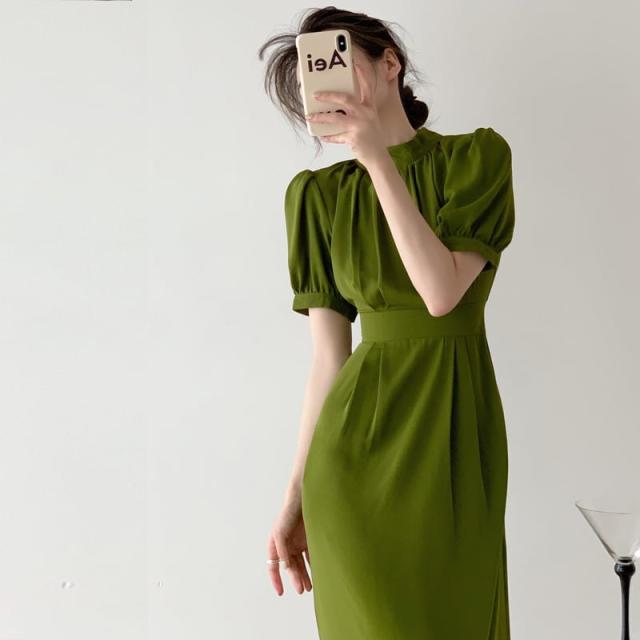 春新作 ワンピース 春 夏 ロング ロングワンピース レディース 韓国ワンピース 半袖 ドレス 春秋 パフスリーブ グリーン バックファスナー デート
