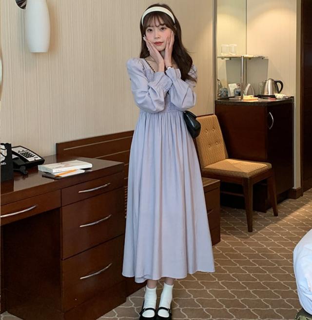 春新作 ワンピース 春 秋 ロング マタニティ 無地 ロングワンピース レディース スクエアネック ロングスリーブワンピース ロング丈 長袖 韓国ワン