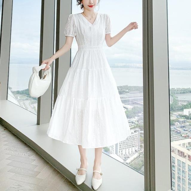 パフスリーブ レースワンピース 春新作 ワンピース 花柄 花柄ワンピースVネック 春 夏 ロング ロングワンピース レディース シャツワンピース ロン