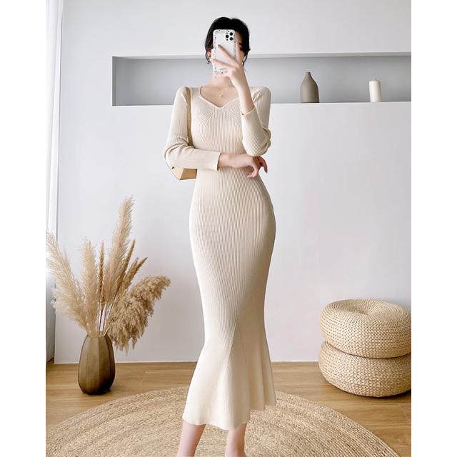ワンピース 春 夏 ロング ロングワンピース レディース ロング丈 長袖 ニットワンピース 韓国ワンピース 黒 春秋