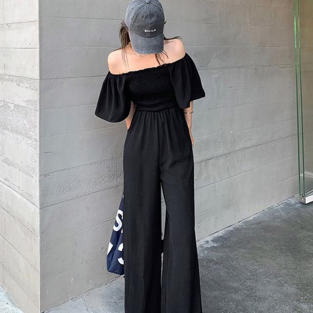 オールインワン オフショルダー ブラック 袖付き カジュアル シンプル レディース 上下レディースセットアップ 春 夏 秋 20代 30代 体型カバー