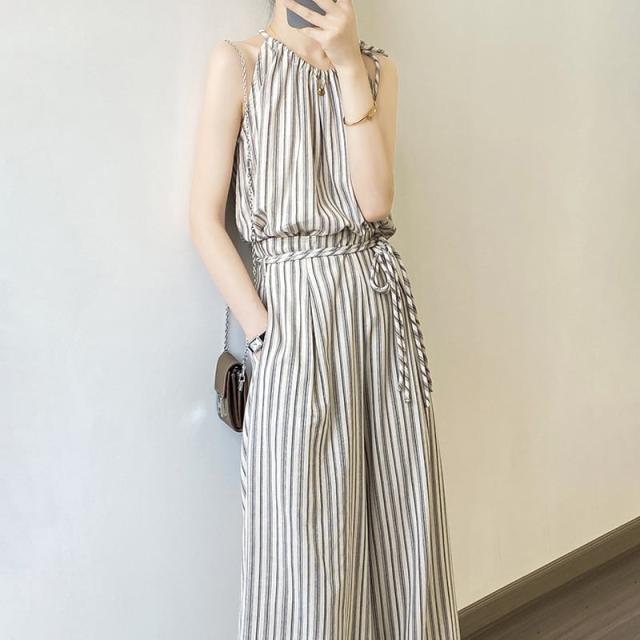 夏 春 秋 セットアップ レディース 上下レディースセットアップ ベージュ ストライプ ワイドパンツ ホルターネック 20代 30代 40代 こなれ感