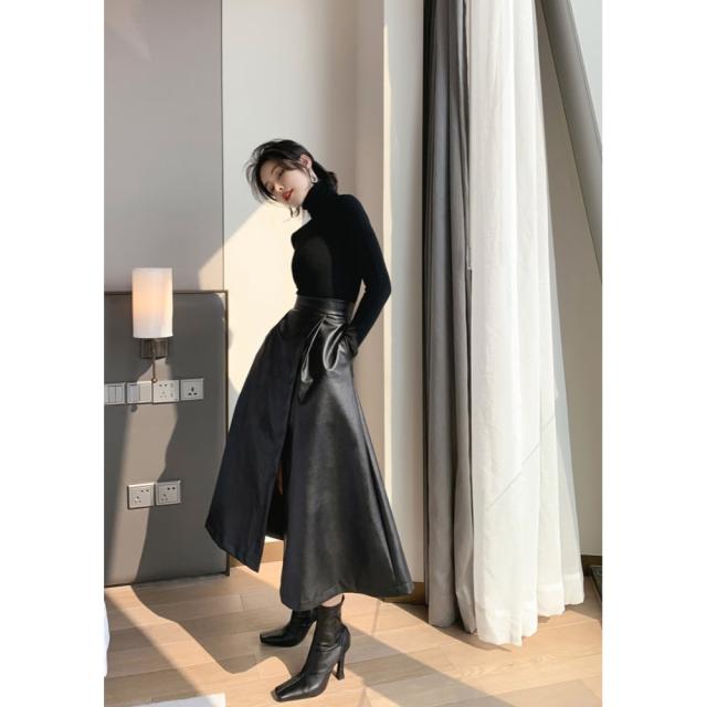 スカート ハイウエスト PUレザー フェイクレザー エコレザー レディース ハイウエスト ロングスカート 大きいサイズ aラインスカート ミドル丈 ス