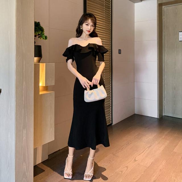 パーティードレス 結婚式 お呼ばれドレス 結婚式のお呼ばれ 20代 30代 40代 フォーマルドレス 袖あり 結婚式 ワンピース 黒 ロングワンピース 6