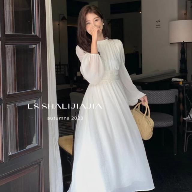 ワンピース 春 秋 冬 ロング マタニティ 無地 ロングワンピース フリーサイズ レディース ロング丈 長袖 韓国ワンピース プリーツワンピース ホワ