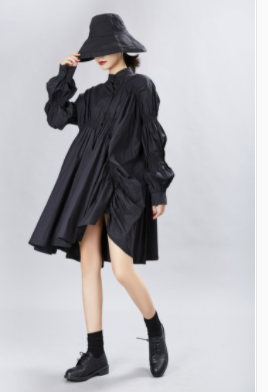 ワンピース シャツ ひざ丈 l 長袖 アシンメトリードルマンスリーブ Vネック Uネック フレア プリーツ 綿 かわいい 大人 上品 おしゃれ アジア