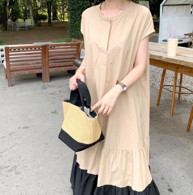 裾切替えロングワンピース ワンピース ロング ロング丈 l Uネック フレア Aライン フリル 上品 おしゃれ 大人可愛い 大人女子 無地 春 夏 1