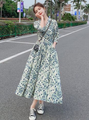 カシュクールシフォンワンピース ロング ロング丈 l 長袖 Vネック カシュクール フレア セミフレア 細身 切り替えデザイン シフォン ポリエステル