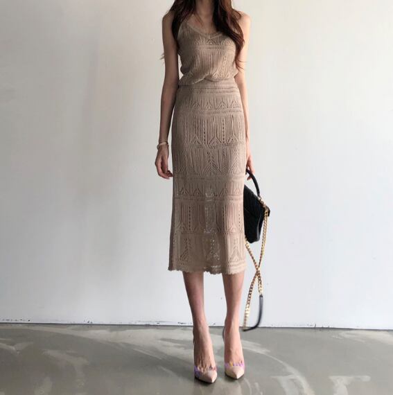 ニット編みセットアップ ニットスカート 膝下 l ミモレ丈 ロング ロング丈 袖なし ノースリーブ タイト 細身 Iライン 編み込み ニット 上下セッ