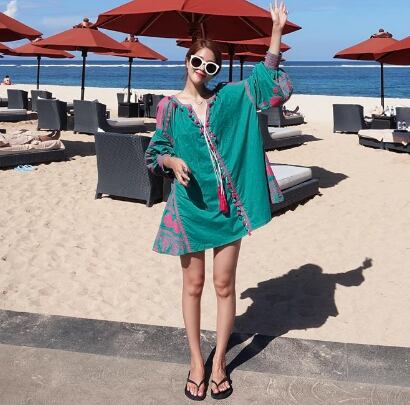 エスニックワンピース ミニ ミニ丈 l ショート丈 膝上 袖あり 7分袖 長袖 Vネック 刺繍 レトロ エスニック エキゾチック 存在感 レディース