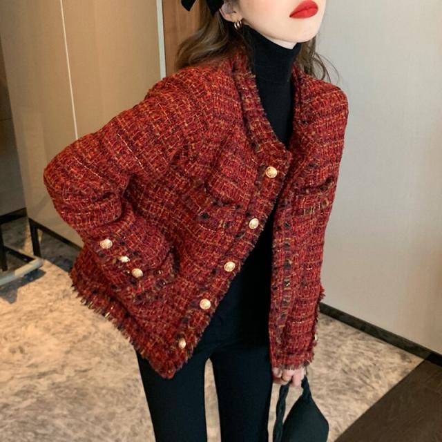 アウター ツイード ジャケット l ショート ショート丈 袖あり 長袖 ラウンドネック ストレート 前開き 厚手 かわいい 大人可愛い カジュアル 大