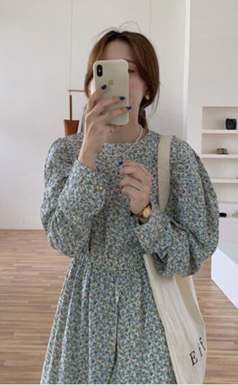 ワンピース ワンピドレス 膝下 ミモレ丈 l 長袖 パフスリーブ ラウンドネック Aライン 切り替えデザイン ウエストマーク フィット＆フレア かわい