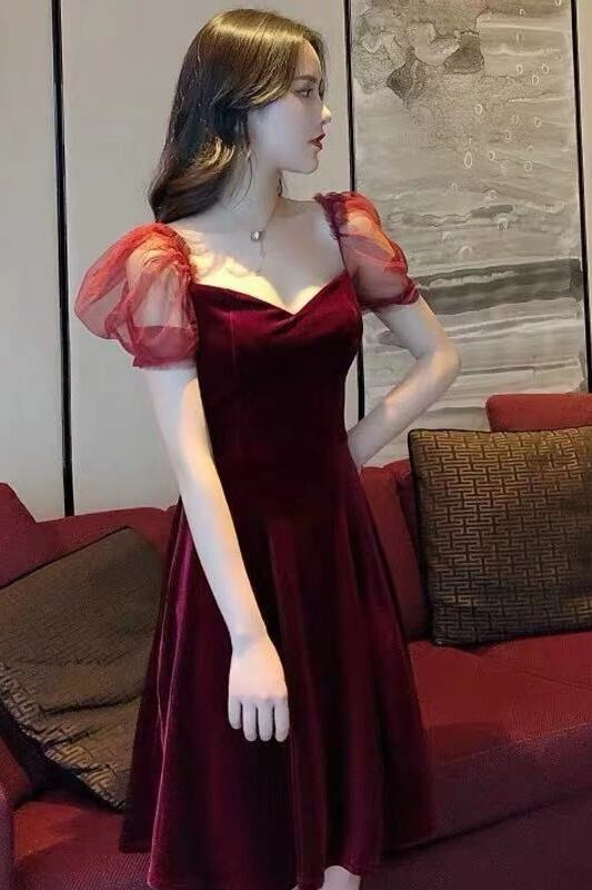 ドレス ワンピース パーティドレス l カラードレス 膝丈ドレス 演奏会ドレス 発表会ドレス Aラインドレス 膝丈 袖あり パフスリーブ Vネック チ