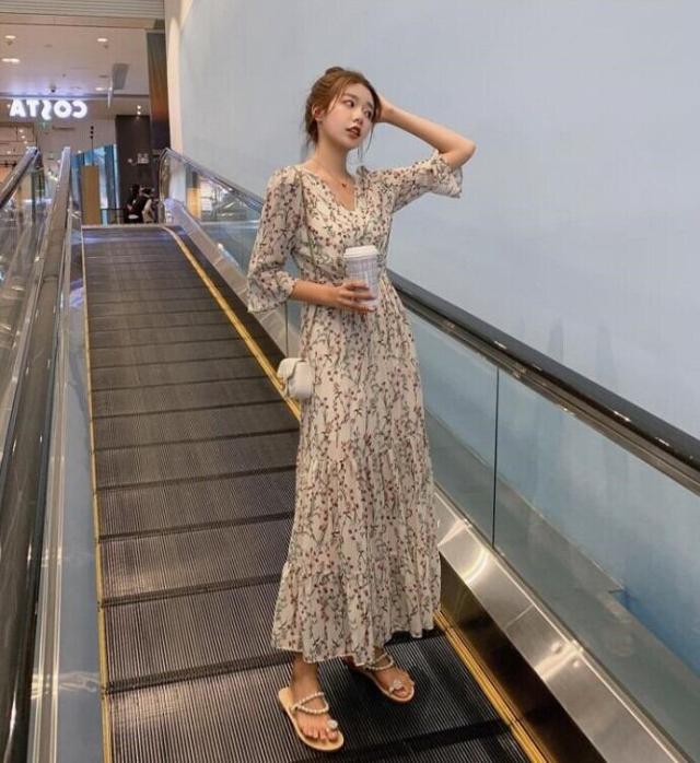 レディースワンピース 七分袖 ロング丈 ミドル丈 l Vネック ハイウエスト シフォン フレア 花柄 ドレス 春 夏 大人可愛い 大人女子 おしゃれ