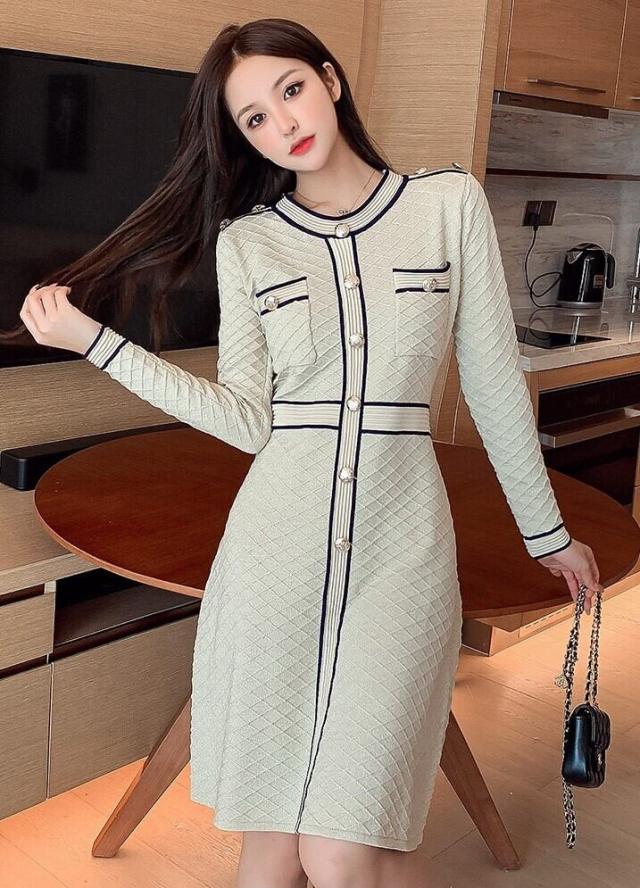 レディースワンピース 長袖 膝丈 ミディ丈 l ラウンドネック ボタン ハイウエスト ウエストマーク 胸ポケット ワッフル生地 ドレス 春 秋 大人可