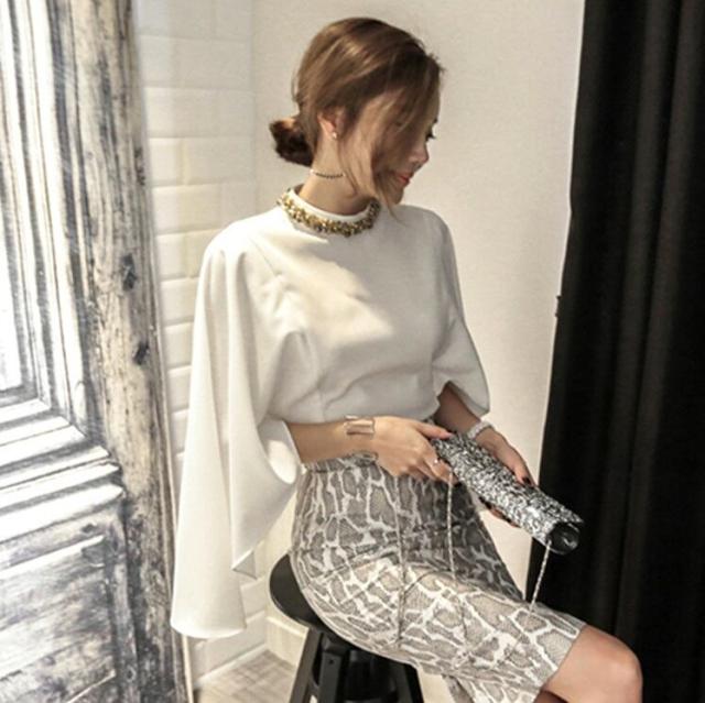 トップス スカート ボトムス l セットアップ ブラウス コクーンスカート タイトスカート 膝丈 ひざ丈 袖あり 長袖 スタンドカラー スリム タイト