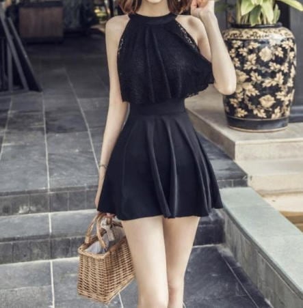 ワンピース水着 レース オープンショルダー l 体型カバー おしゃれ