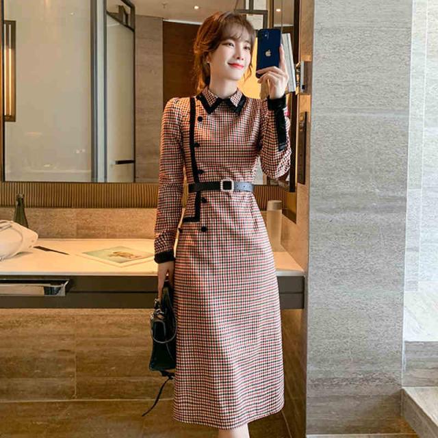 ワンピース 膝下 ミディアム丈 l 長袖 襟付き スリム 細身 ベルト ウエストマーク スリット バックスリット ファスナー かわいい 大人可愛い き