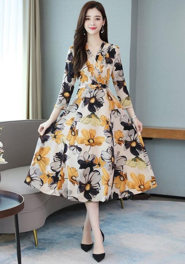 ワンピース ワンピドレス 膝下 l ミモレ丈 袖あり 長袖 Vネック