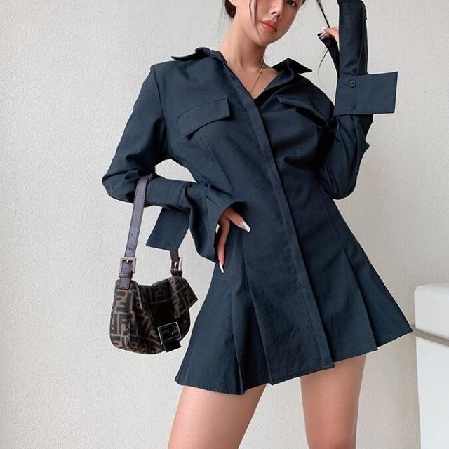 ワンピース シャツワンピース ミニ l 膝上 袖あり 長袖 フレアスリーブ ホルンスリーブ 襟付き Aライン 切り替えデザイン プリーツ ハイウエスト